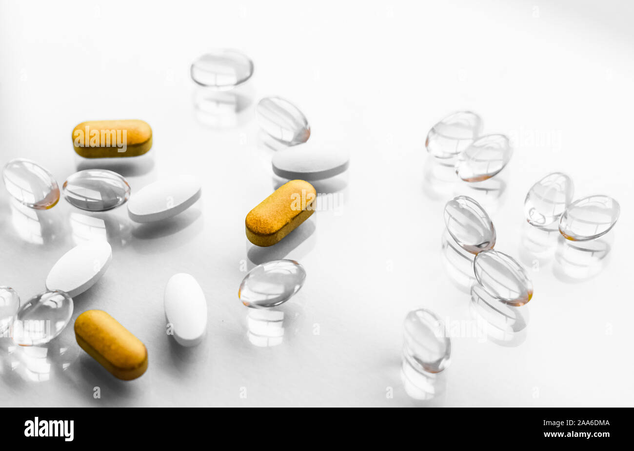 Pharma, branding and lab concept - Pills and capsules for diet ...