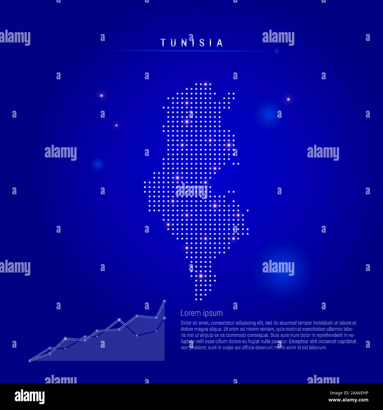 Tunisia illuminated map with glowing dots. Infographics elements. Dark ...