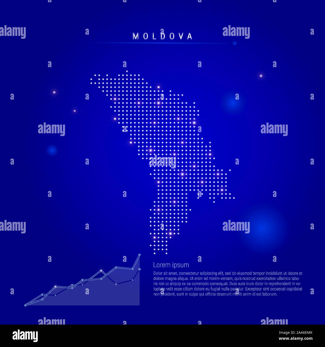 Moldova illuminated map with glowing dots. Infographics elements. Dark ...