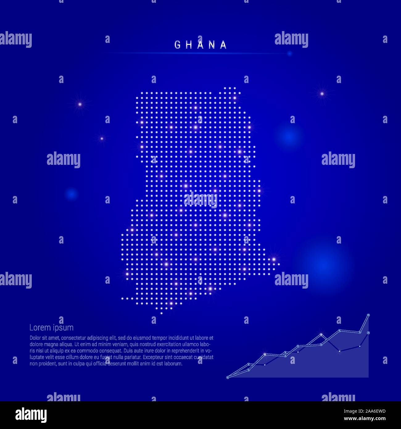 Ghana illuminated map with glowing dots. Infographics elements. Dark ...