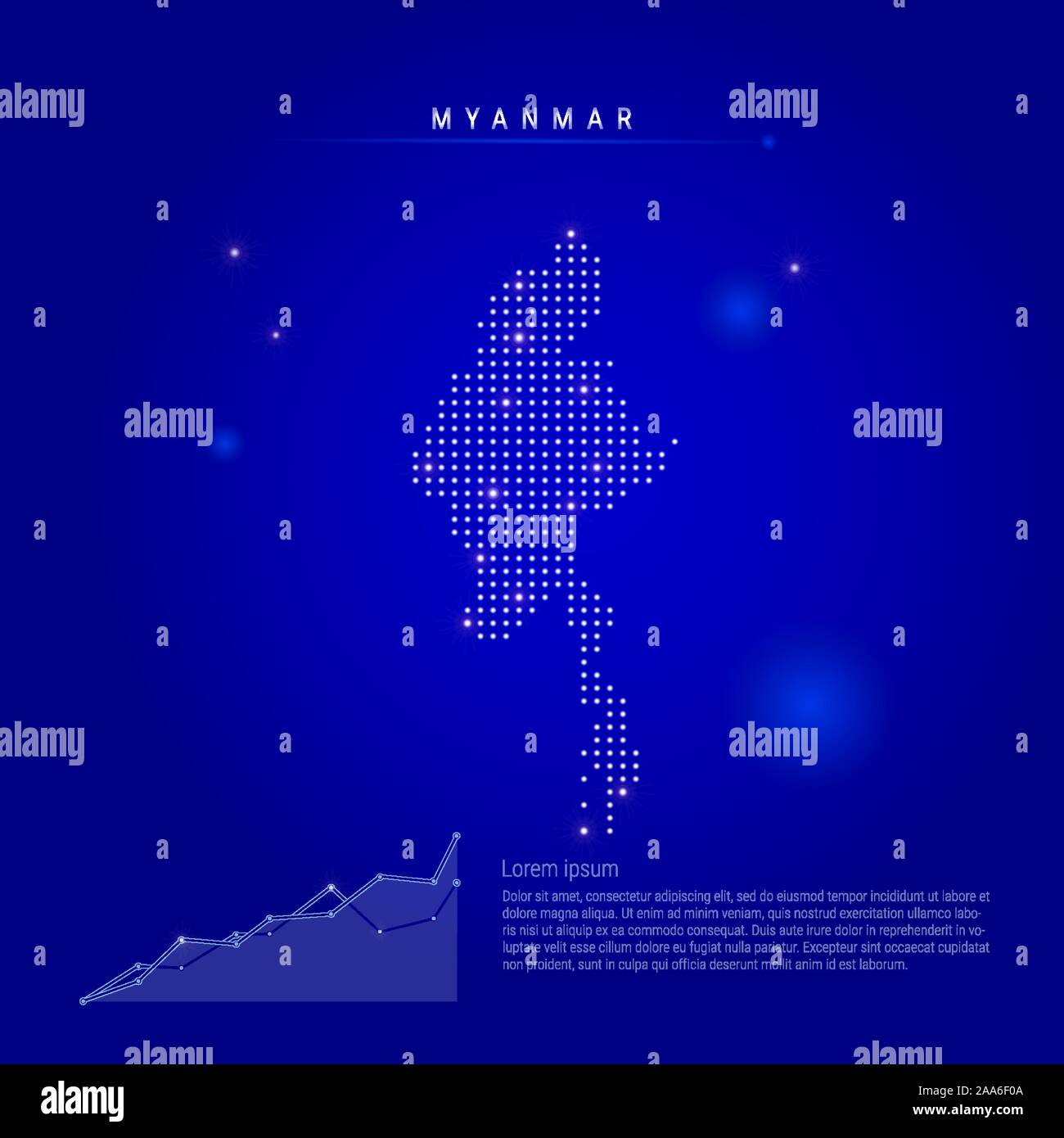 Myanmar illuminated map with glowing dots. Infographics elements. Dark blue space background ...