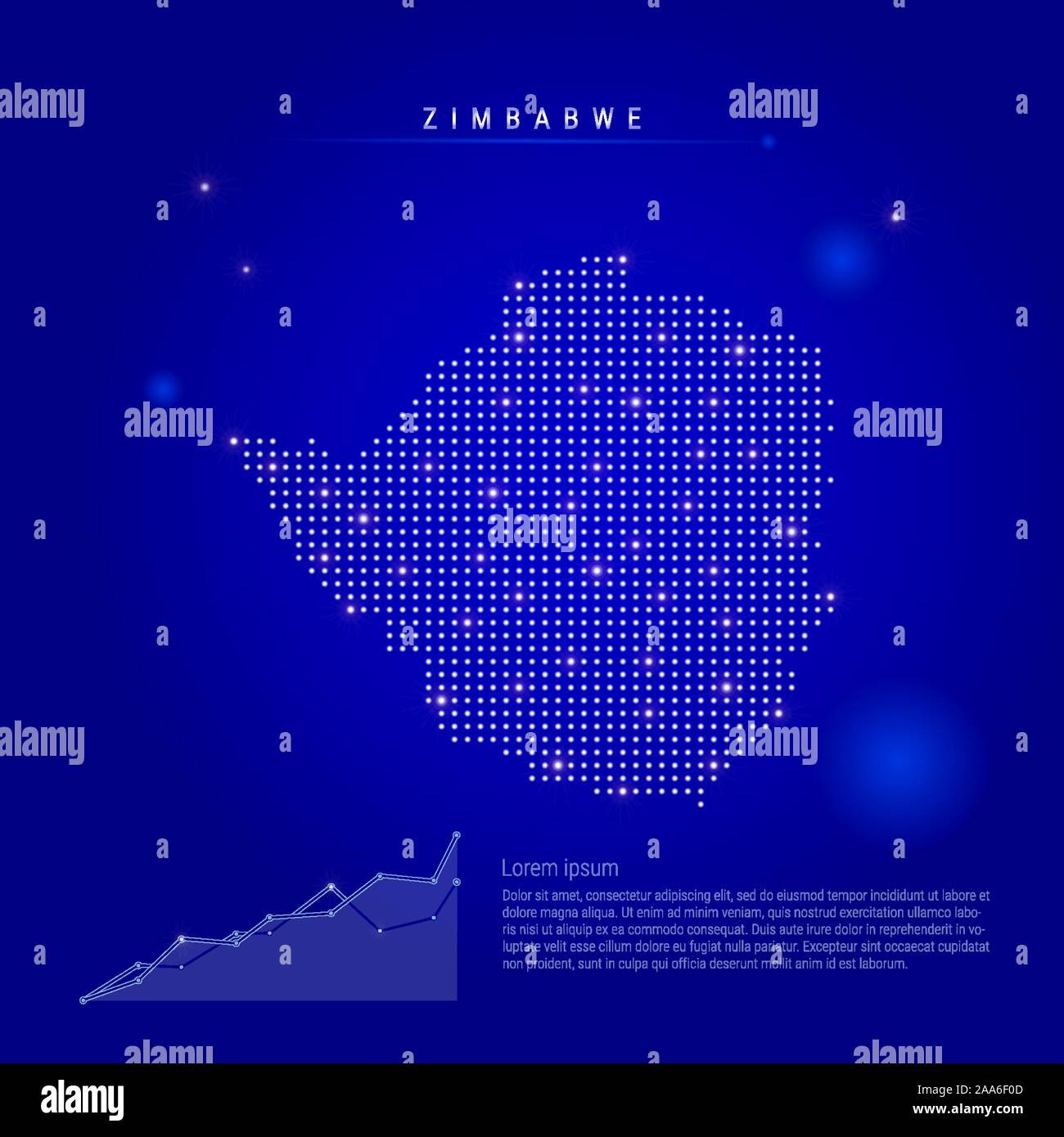 Zimbabwe illuminated map with glowing dots. Infographics elements. Dark ...