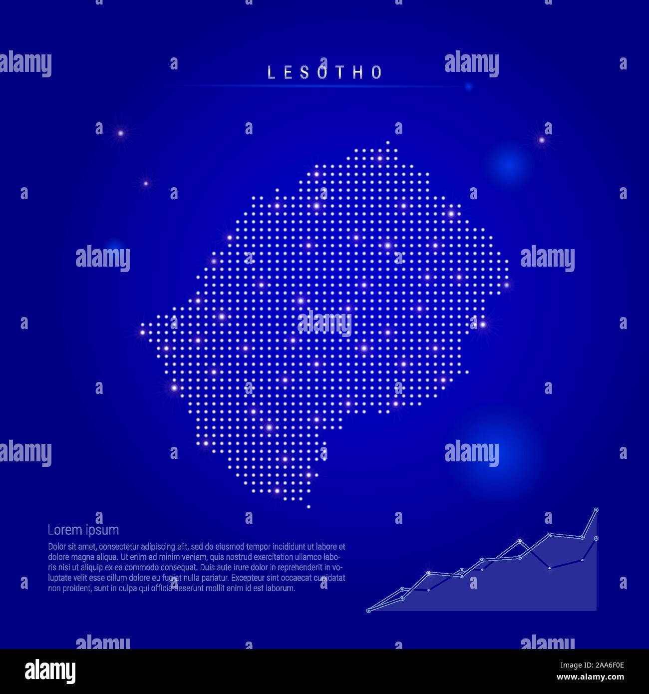 Lesotho illuminated map with glowing dots. Infographics elements. Dark blue space background ...