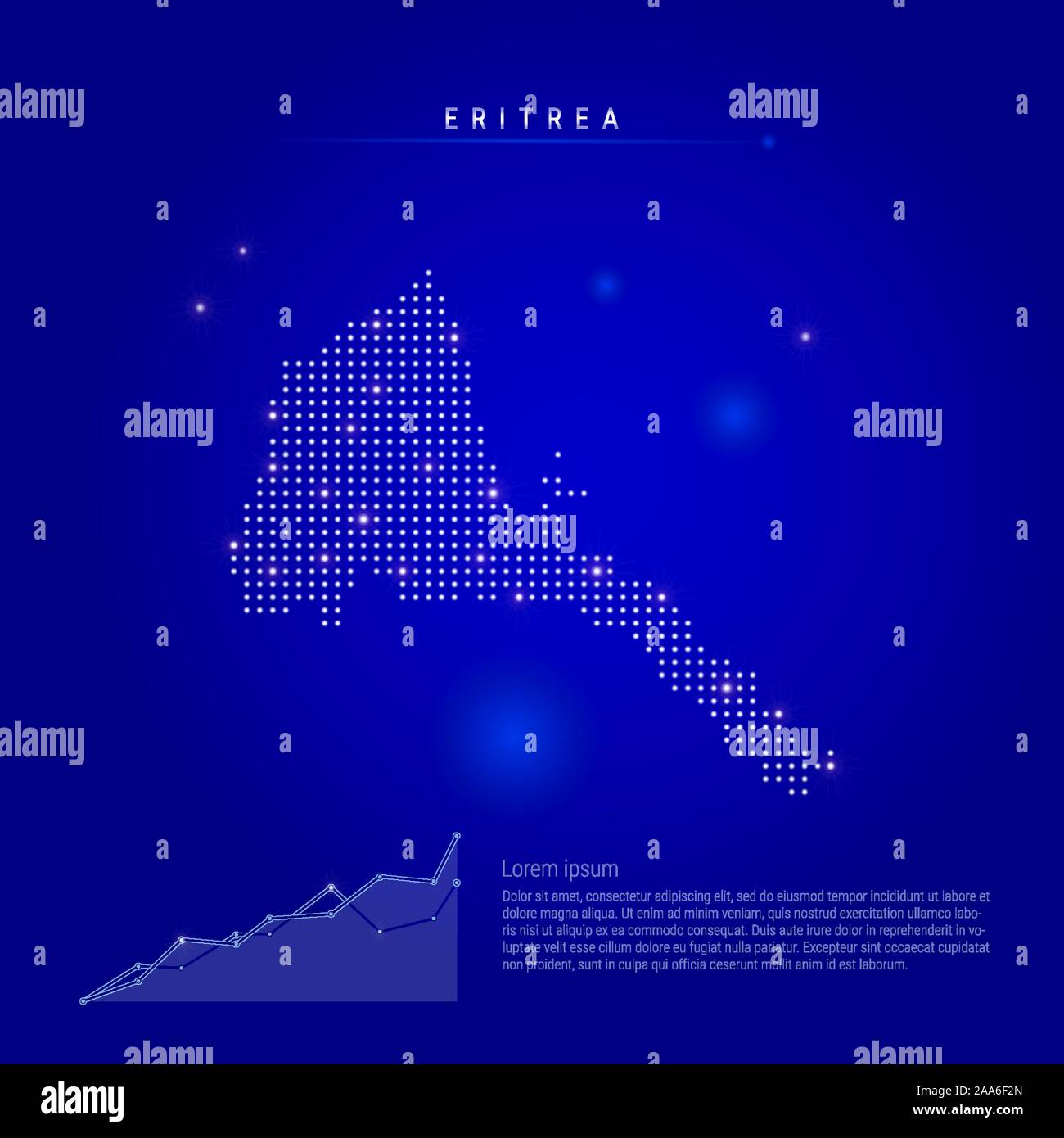 Eritrea illuminated map with glowing dots. Infographics elements. Dark blue space background ...