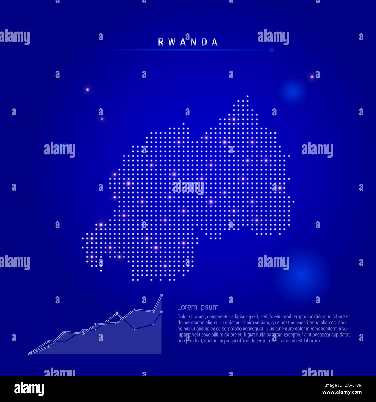 Rwanda illuminated map with glowing dots. Infographics elements. Dark ...