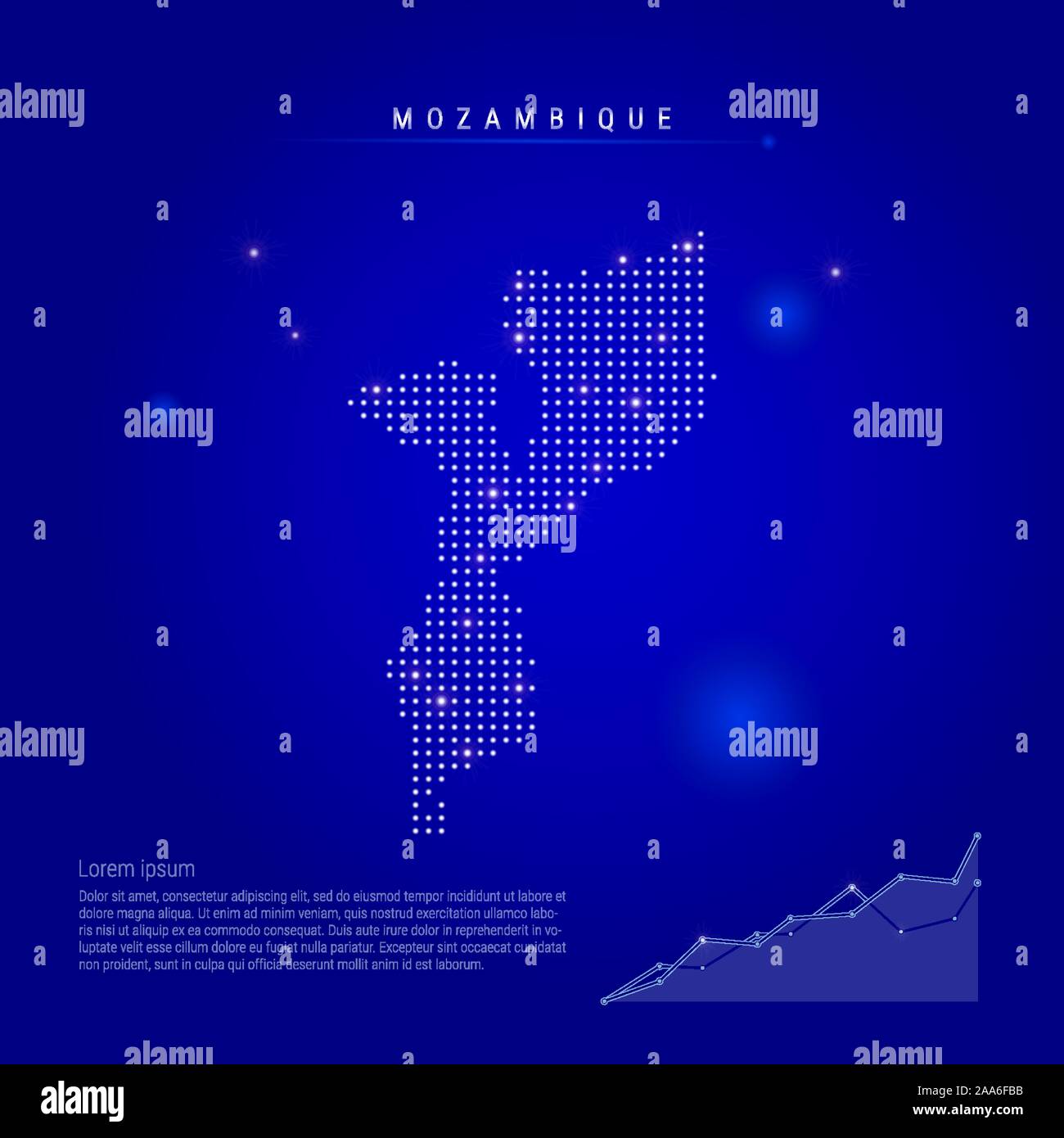 Mozambique illuminated map with glowing dots. Infographics elements. Dark blue space background ...