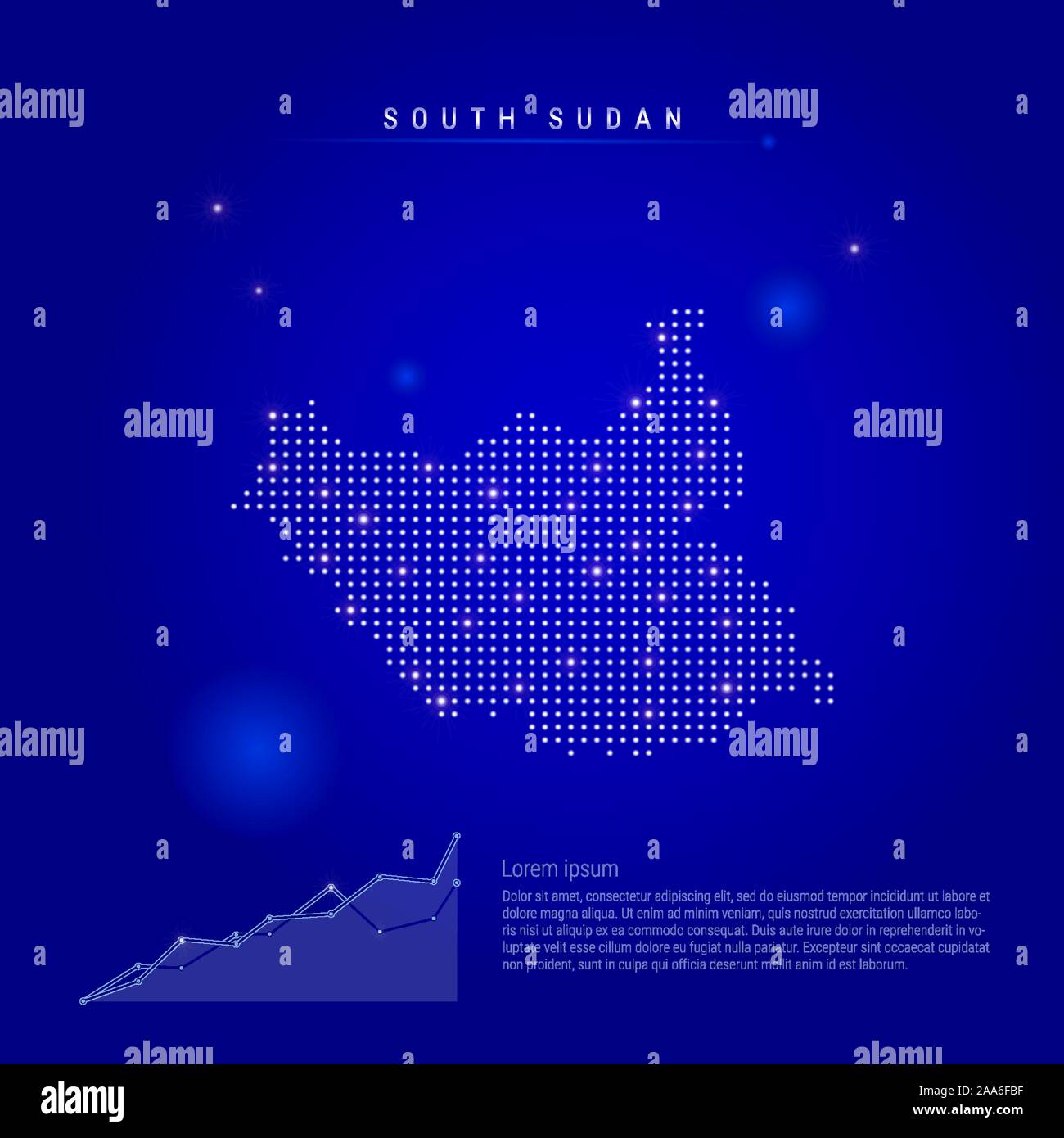 South Sudan illuminated map with glowing dots. Infographics elements ...