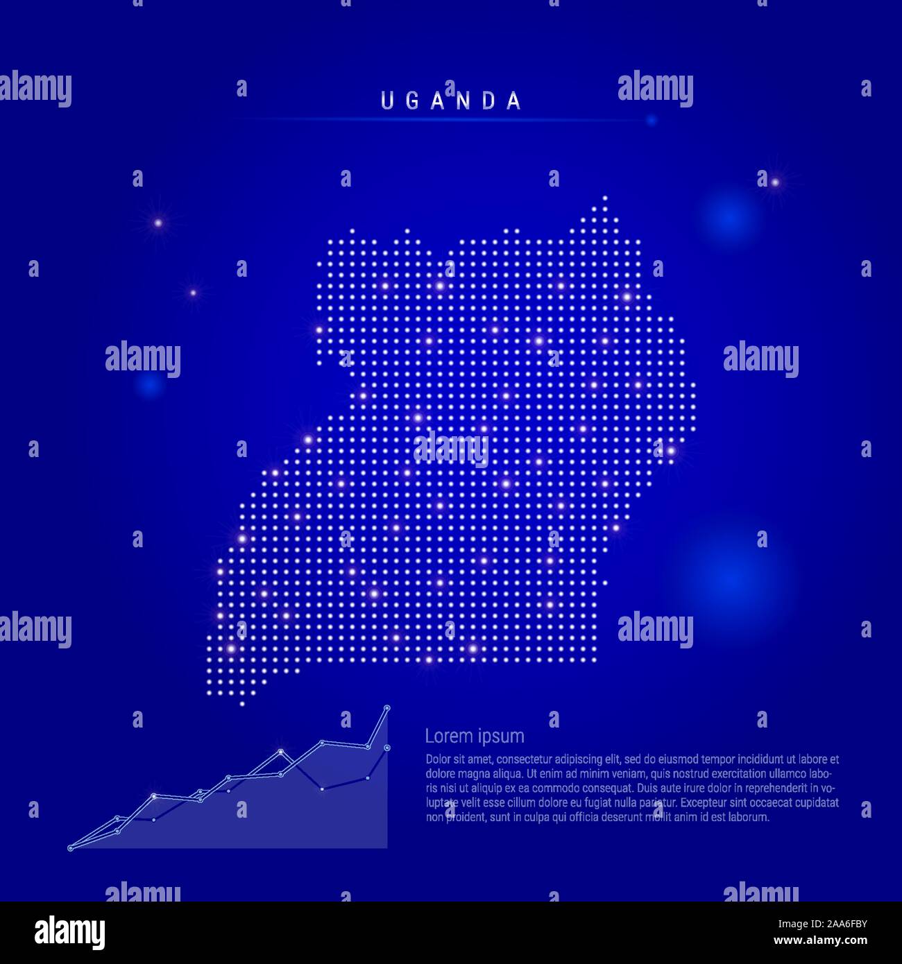 Uganda illuminated map with glowing dots. Infographics elements. Dark ...