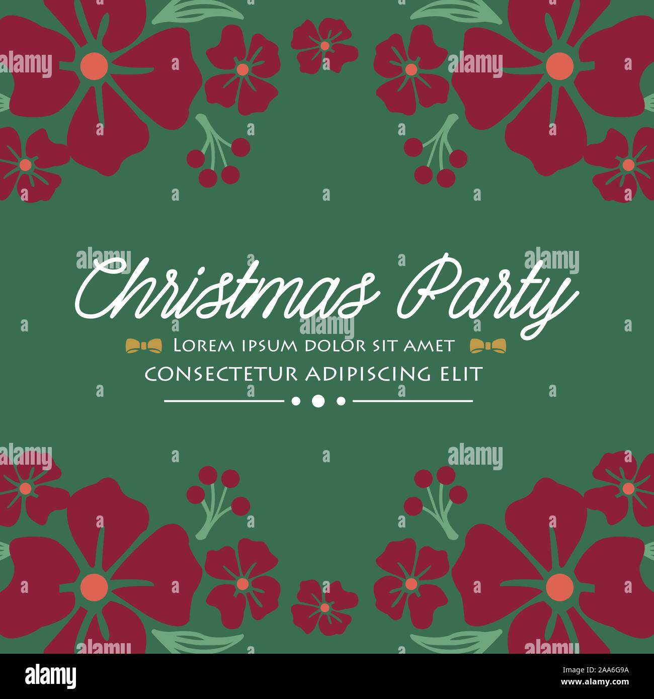 Handwritten text of christmas party, with design art of red flower ...