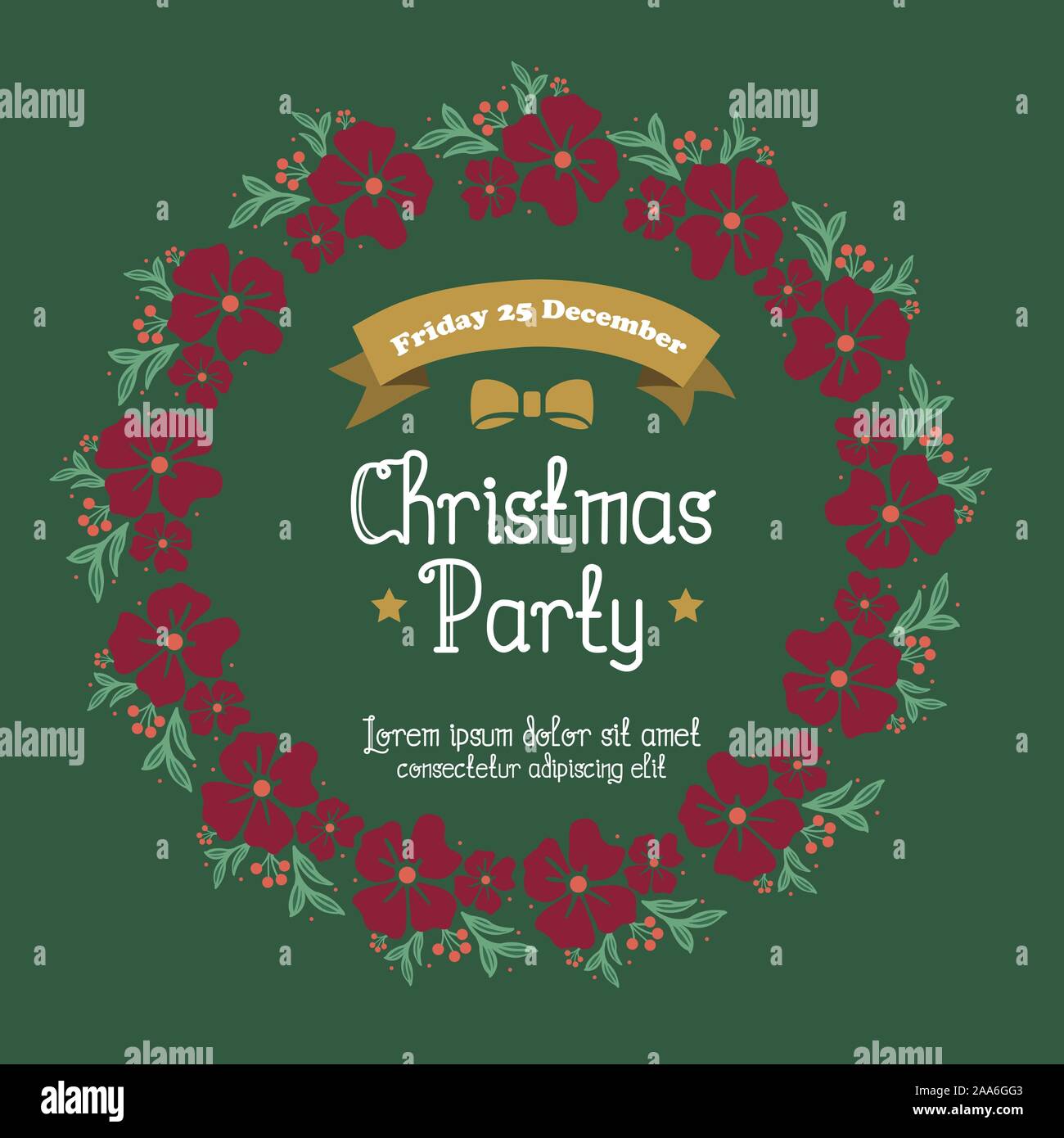 Handwritten text of christmas party, with design art of red flower ...