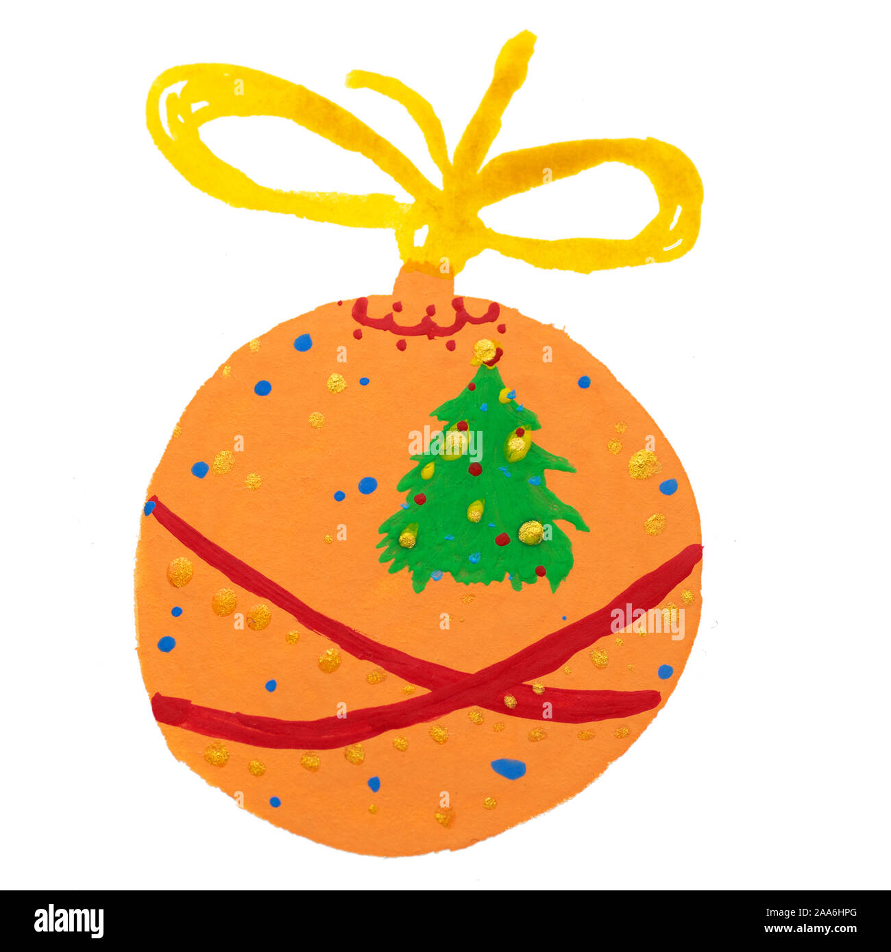 Watercolor painting drawing of orange Christmas tree bauble sphere ball ...