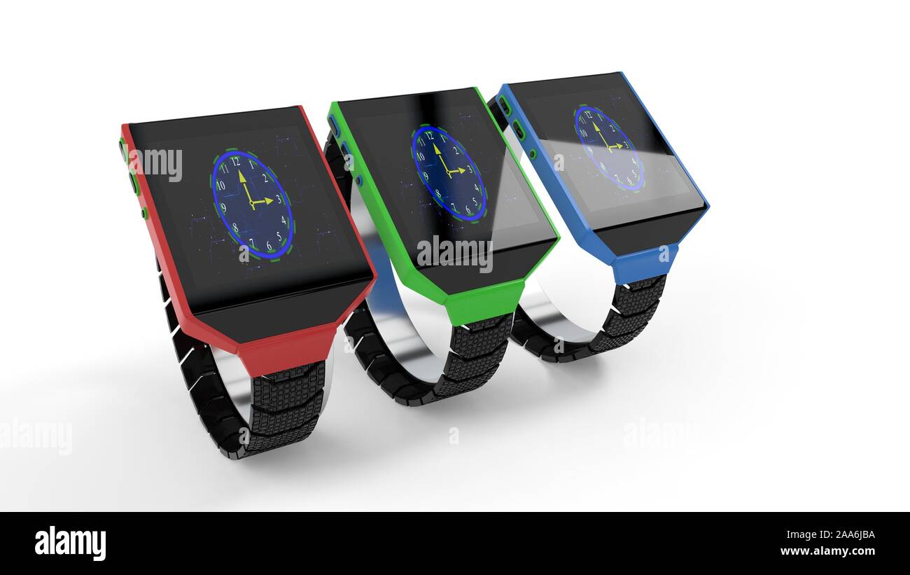 Smart watches in different colors, composition 3d render Stock Photo - Alamy