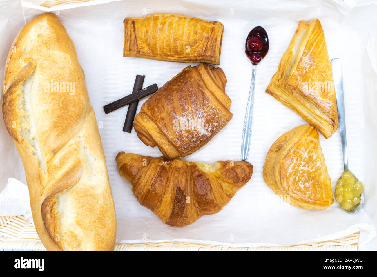 Various assorted home made baked pastry on tray. Flat lay top down view ...