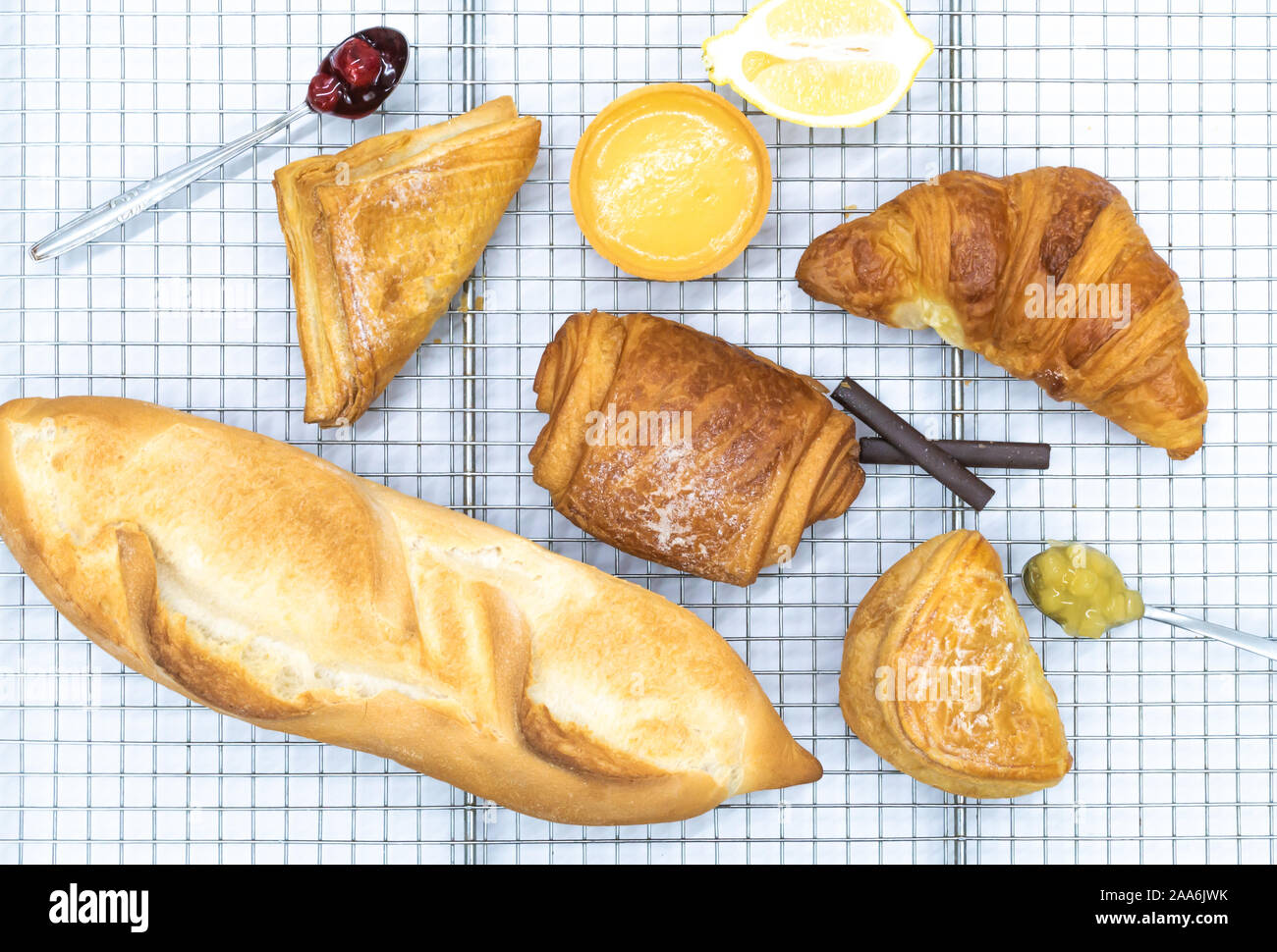 Various assorted home made baked pastry on baking mesh. Flat lay top ...