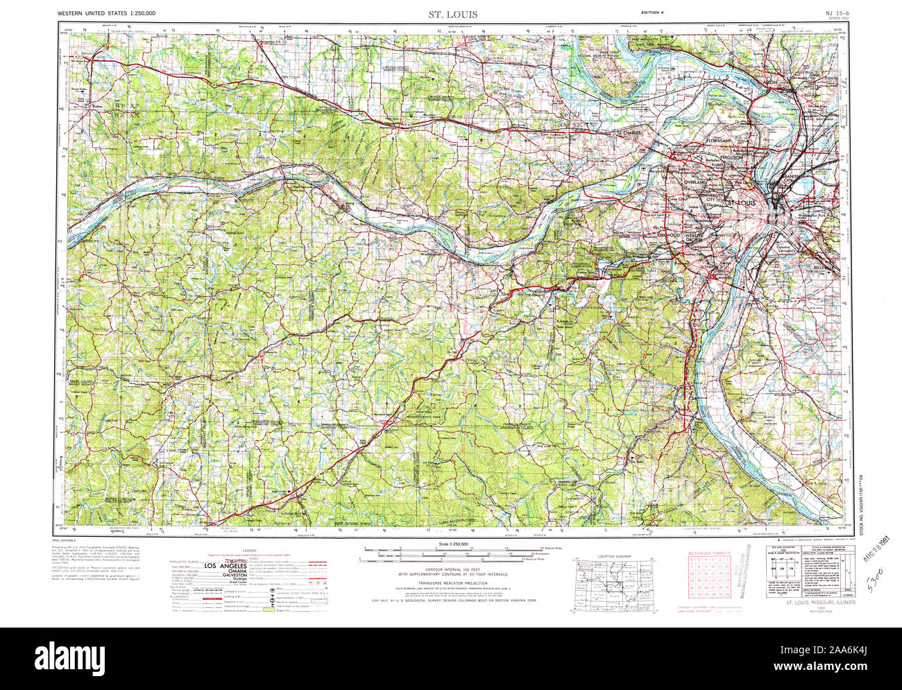 USGS TOPO Map Missouri MO St Louis 325632 1963 250000 Restoration Stock ...
