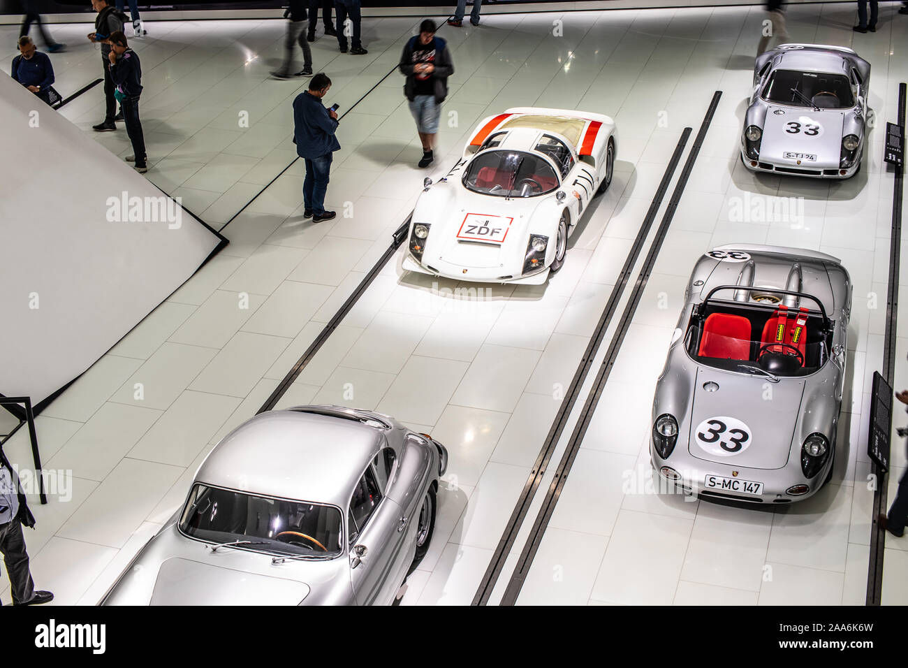 Collection of Porsche cars on display at Porsche Museum in Stuttgart ...