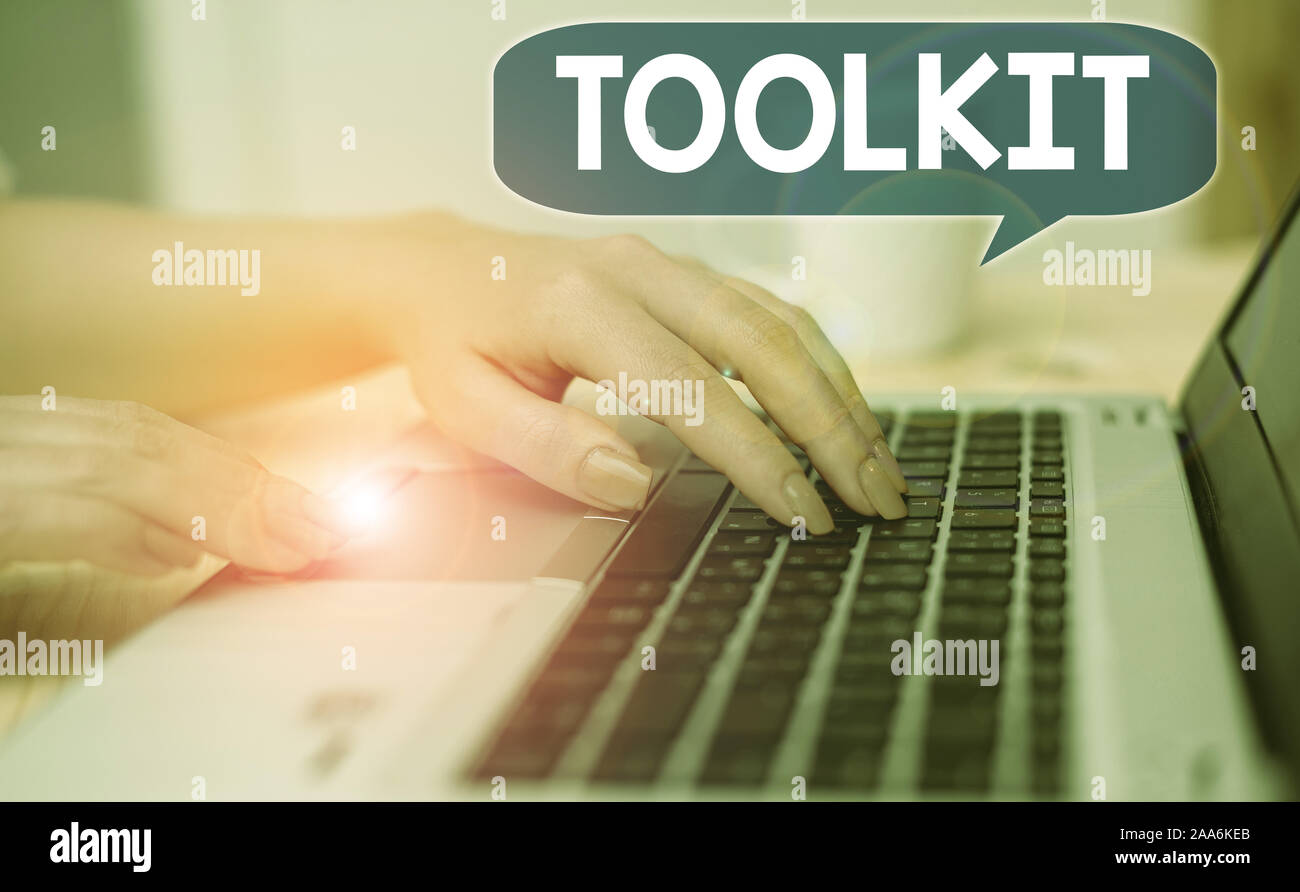 Text sign showing Toolkit. Business photo showcasing set of tools kept ...