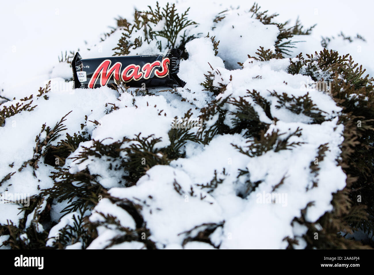 Closeup of Mars candy chocolate bar, winter, snow Stock Photo - Alamy