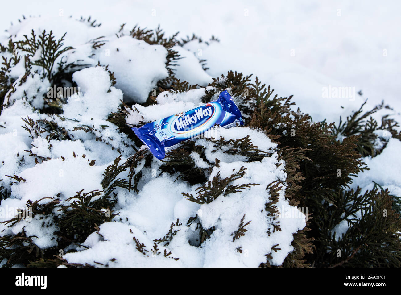Milky Way chocolate bar candy, winter, snow in background Stock Photo ...