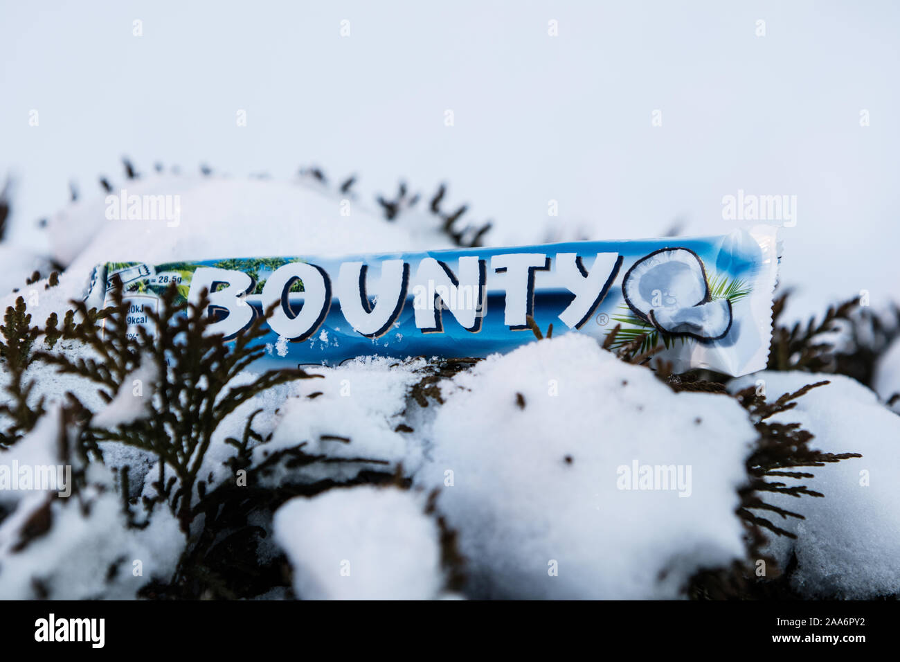 Bounty chocolate bar, outside, winter, snow Stock Photo - Alamy