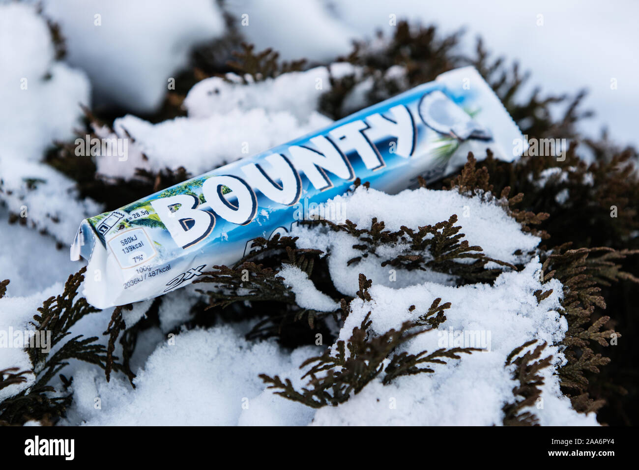 Bounty chocolate bar, outside, winter, snow Stock Photo - Alamy