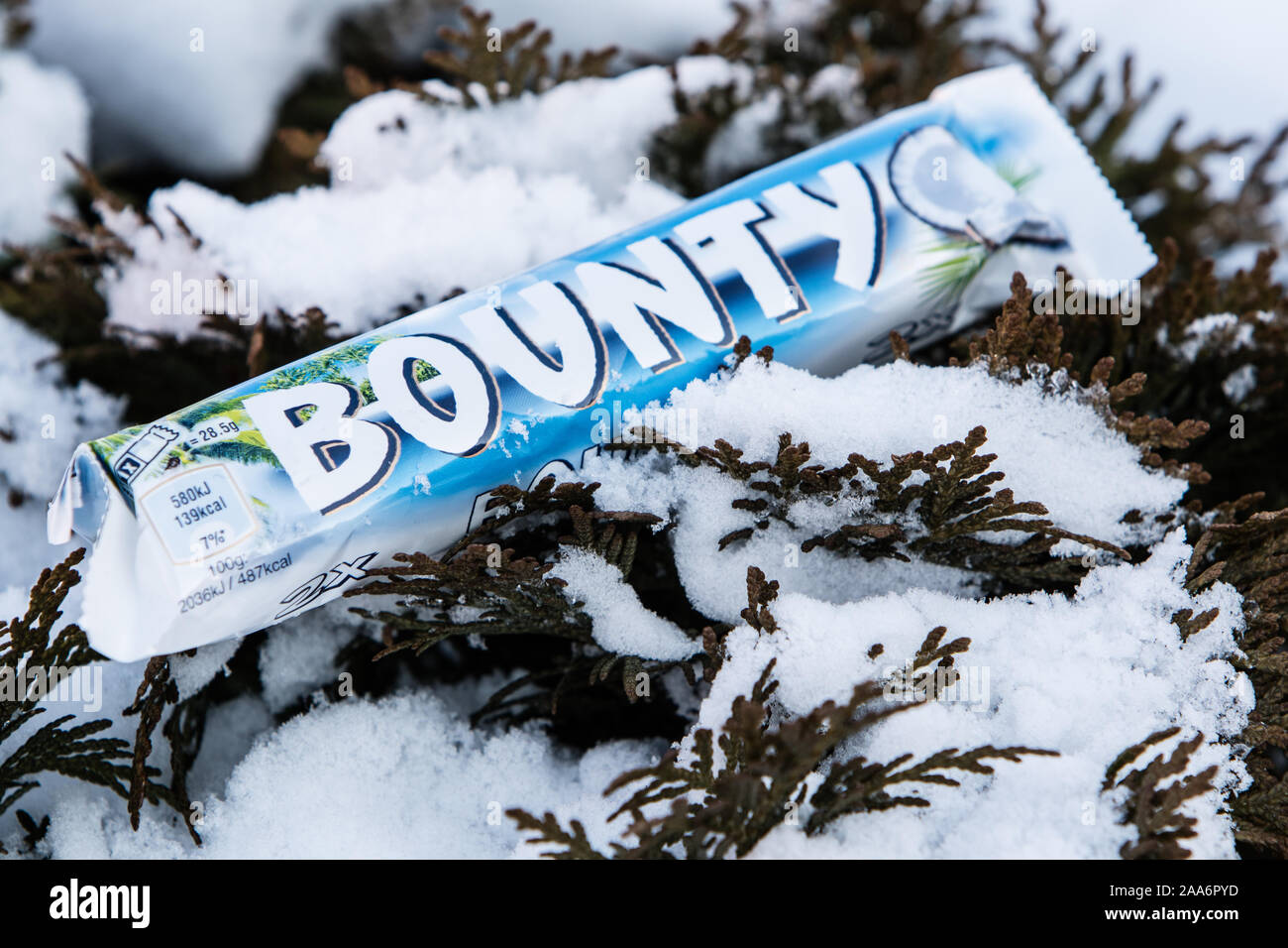 Bounty chocolate bar, outside, winter, snow Stock Photo - Alamy