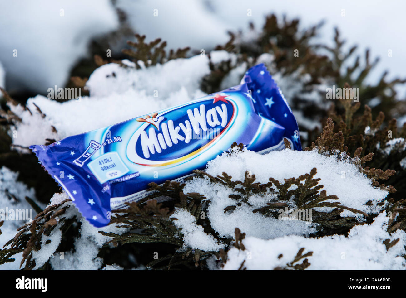 Milky Way chocolate bar candy, winter, snow in background Stock Photo ...