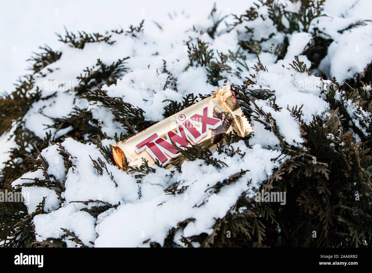 Twix bar, outside, winter, snow in background Stock Photo - Alamy