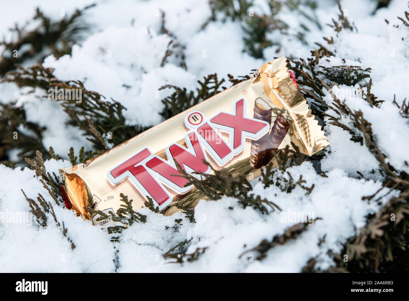 Twix bar, outside, winter, snow in background Stock Photo - Alamy