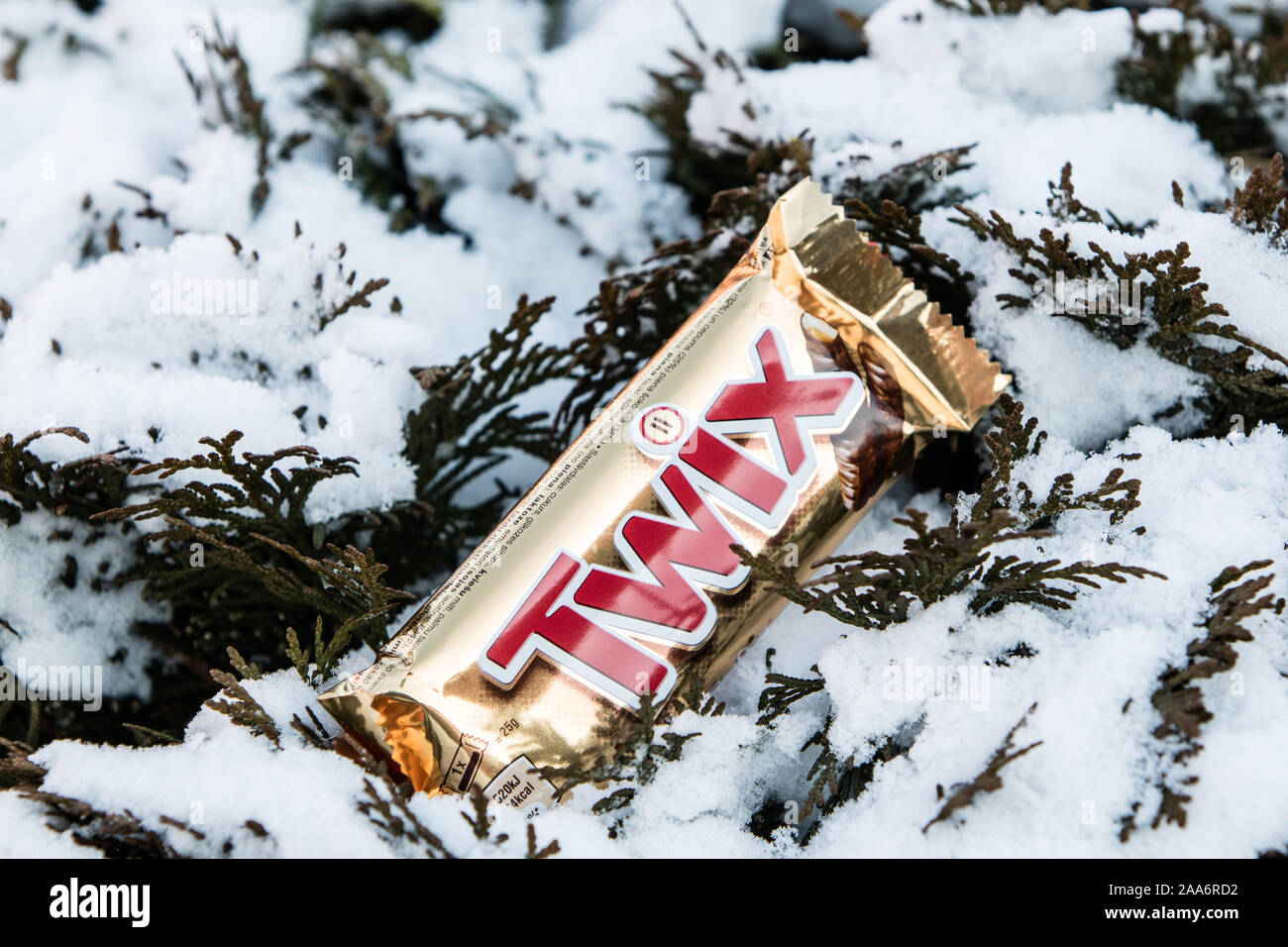 Twix bar, outside, winter, snow in background Stock Photo - Alamy
