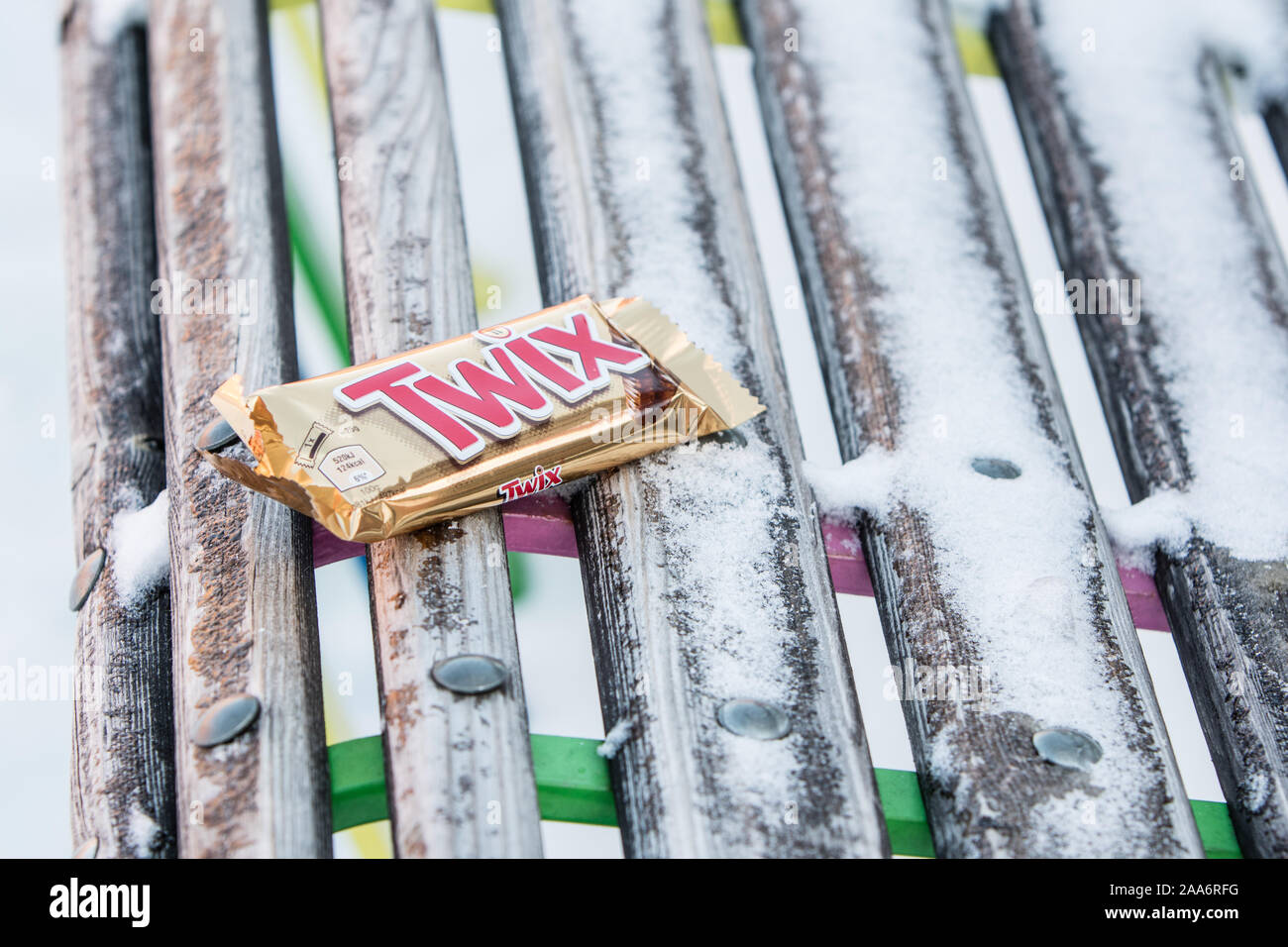 Twix bar, outside, winter, snow in background Stock Photo - Alamy