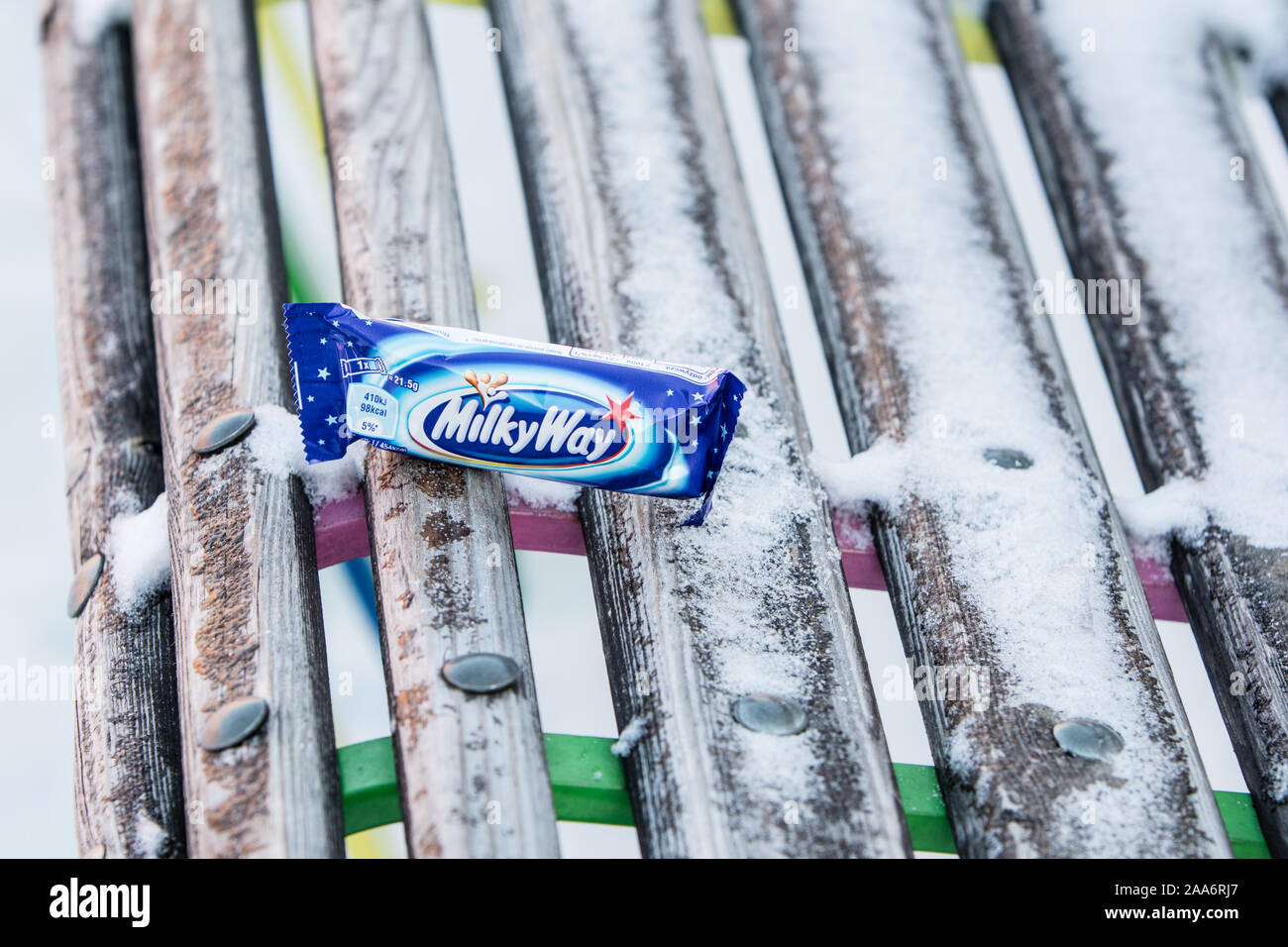 Milky Way chocolate bar candy, winter, snow in background Stock Photo ...