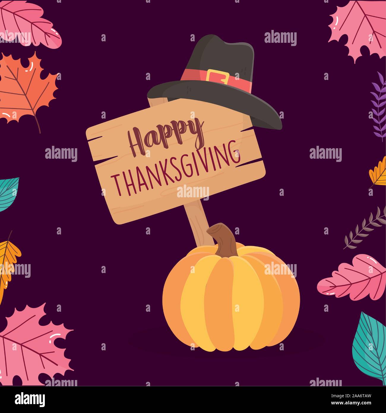 happy thanksgiving day pumpkin wooden sign pilgrim hat fall foliage vector illustration Stock ...
