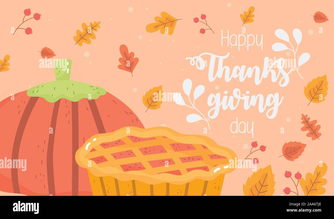 happy thanksgiving day pumpkin and cake fall foliage vector ...