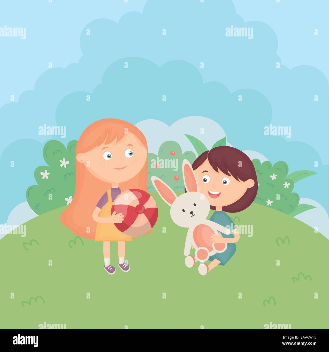girl and boy with ball and rabbit in the meadow, kids toys vector ...