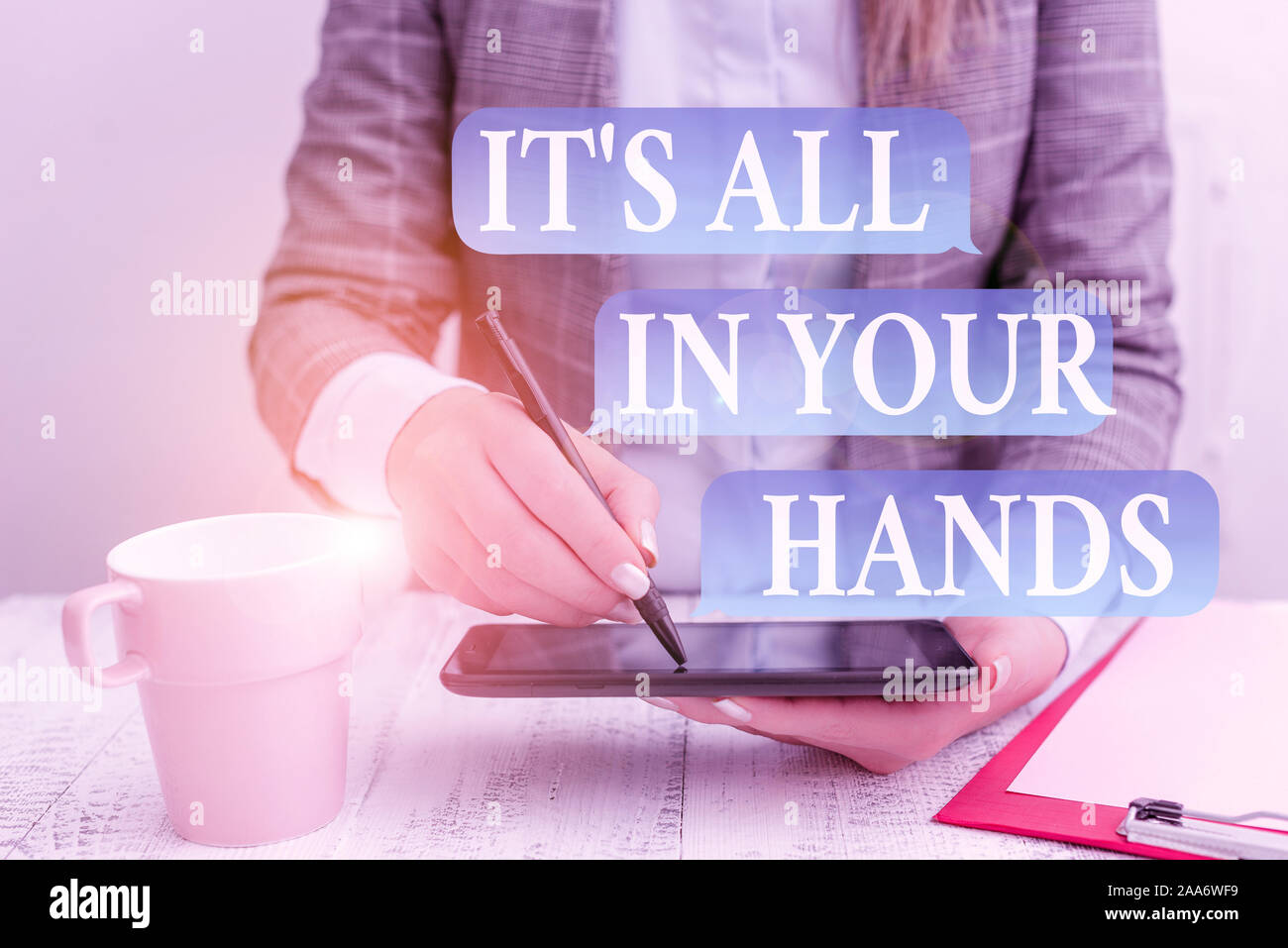 Writing note showing It S All In Your Hands. Business concept for we ...