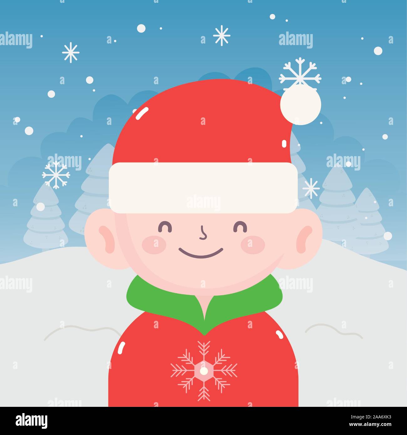 merry christmas little boy with sweater hat of santa trees snow vector ...