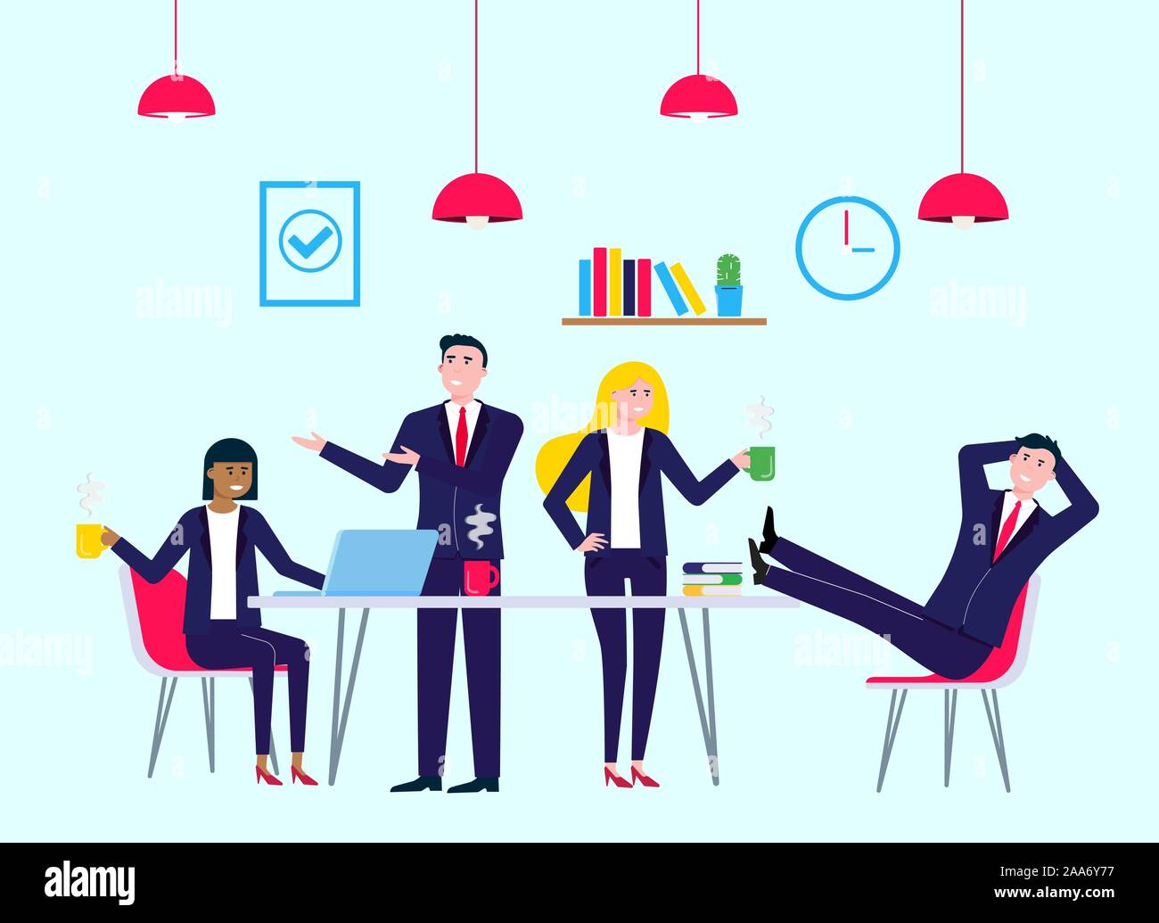 Teamwork of colleagues in the meeting room office with laptops, coffee ...