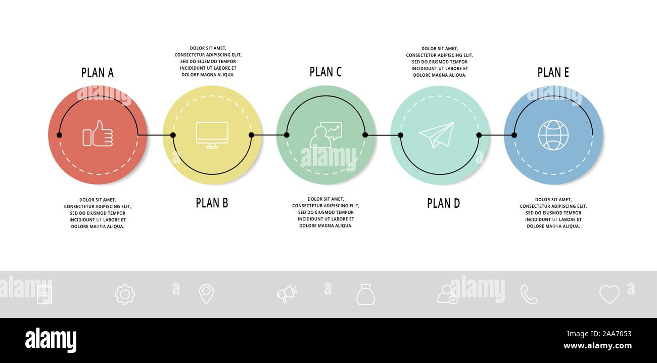 Vector flat infographic template. Circles with text and icons for five diagrams, graph ...