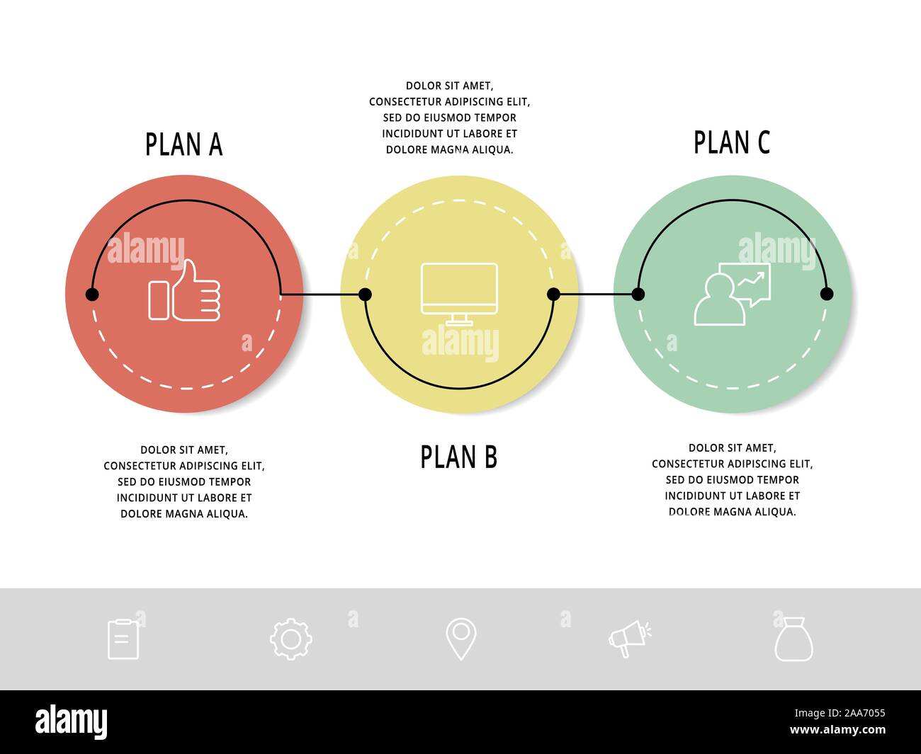 Vector flat infographic template. Circles with text and icons for three diagrams, graph ...