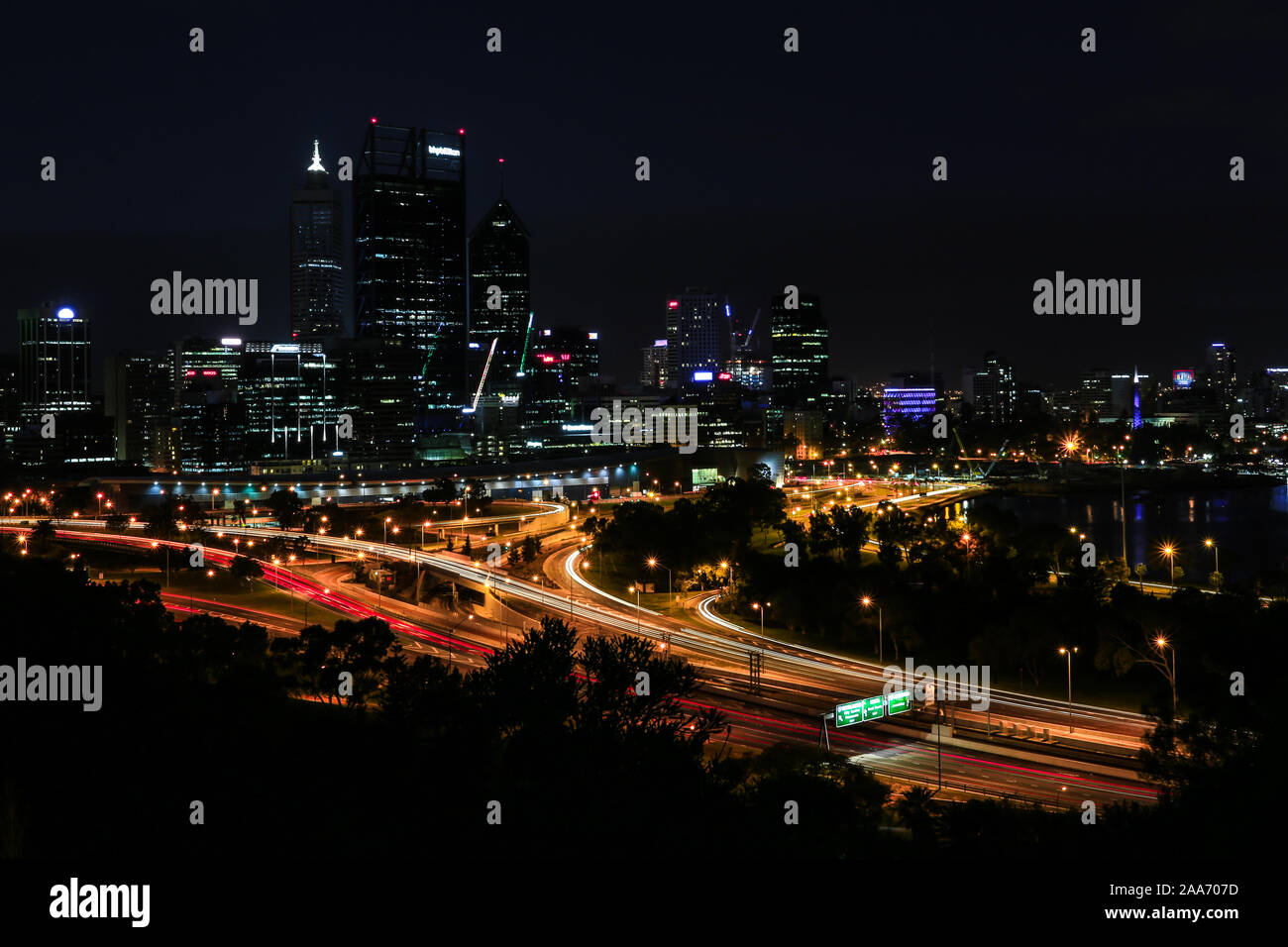 Perth CBD sky scraper buildings as viewed from Kings Park at dusk night ...