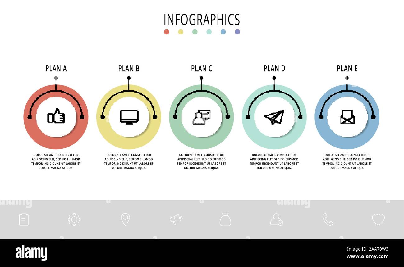 Vector flat infographic template. Circles with text and icons for five diagrams, graph ...
