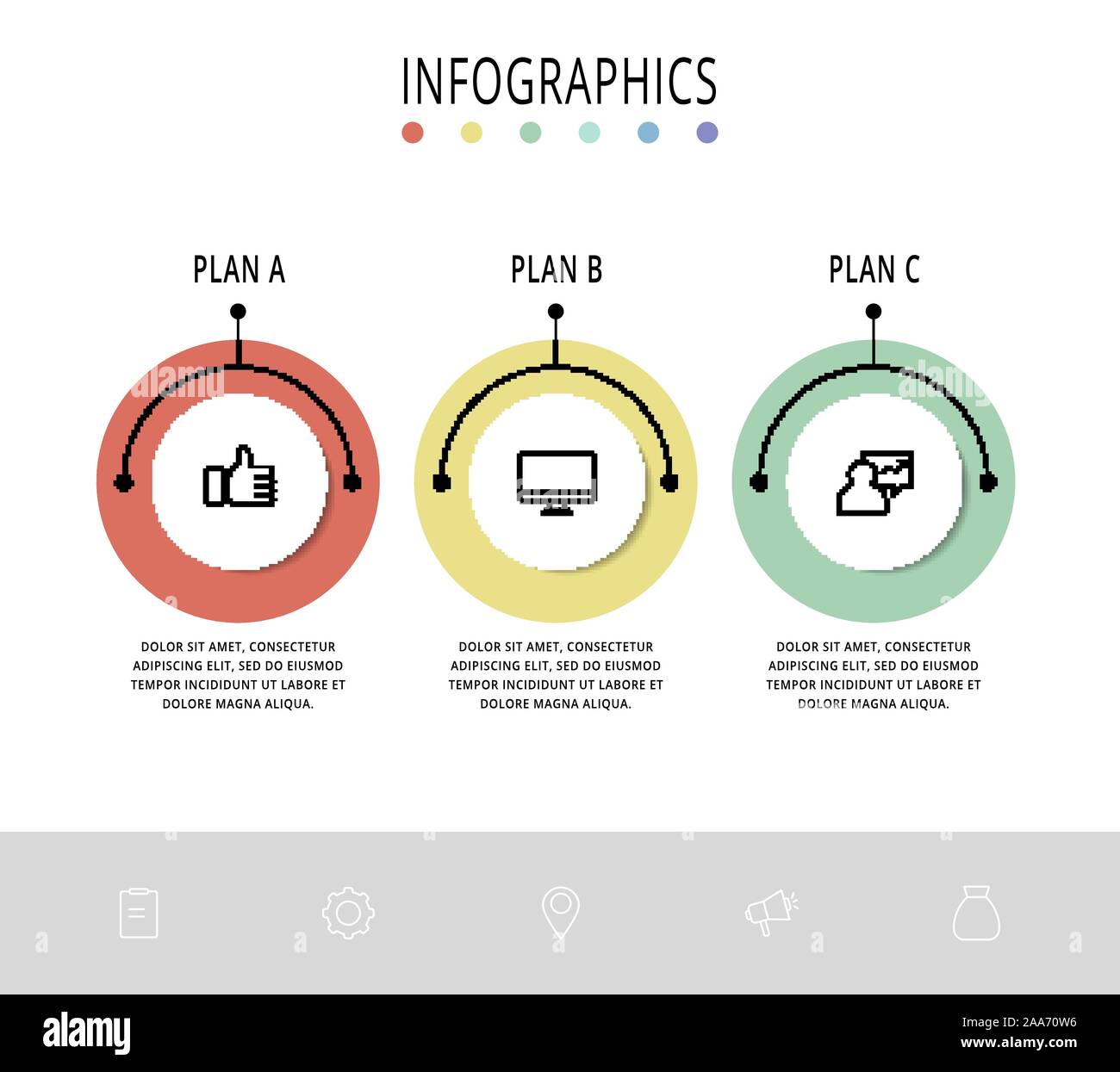 Vector flat infographic template. Circles with text and icons for three diagrams, graph ...