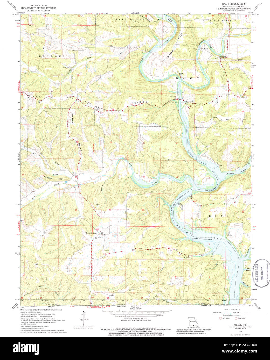 USGS TOPO Map Missouri MO Udall 324354 1968 24000 Restoration Stock ...