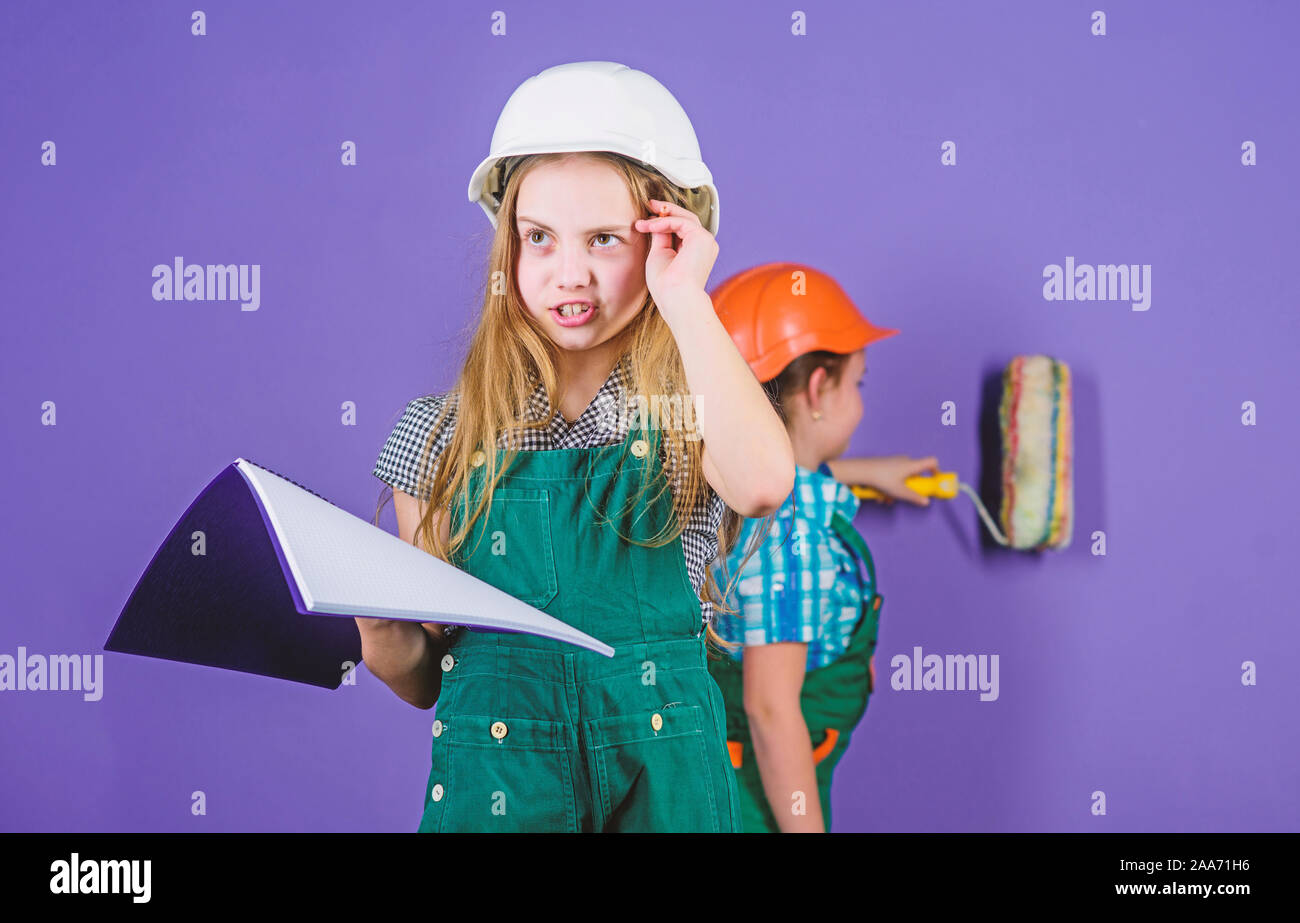 Home improvement activity. Kids girls planning renovation. Repaint ...