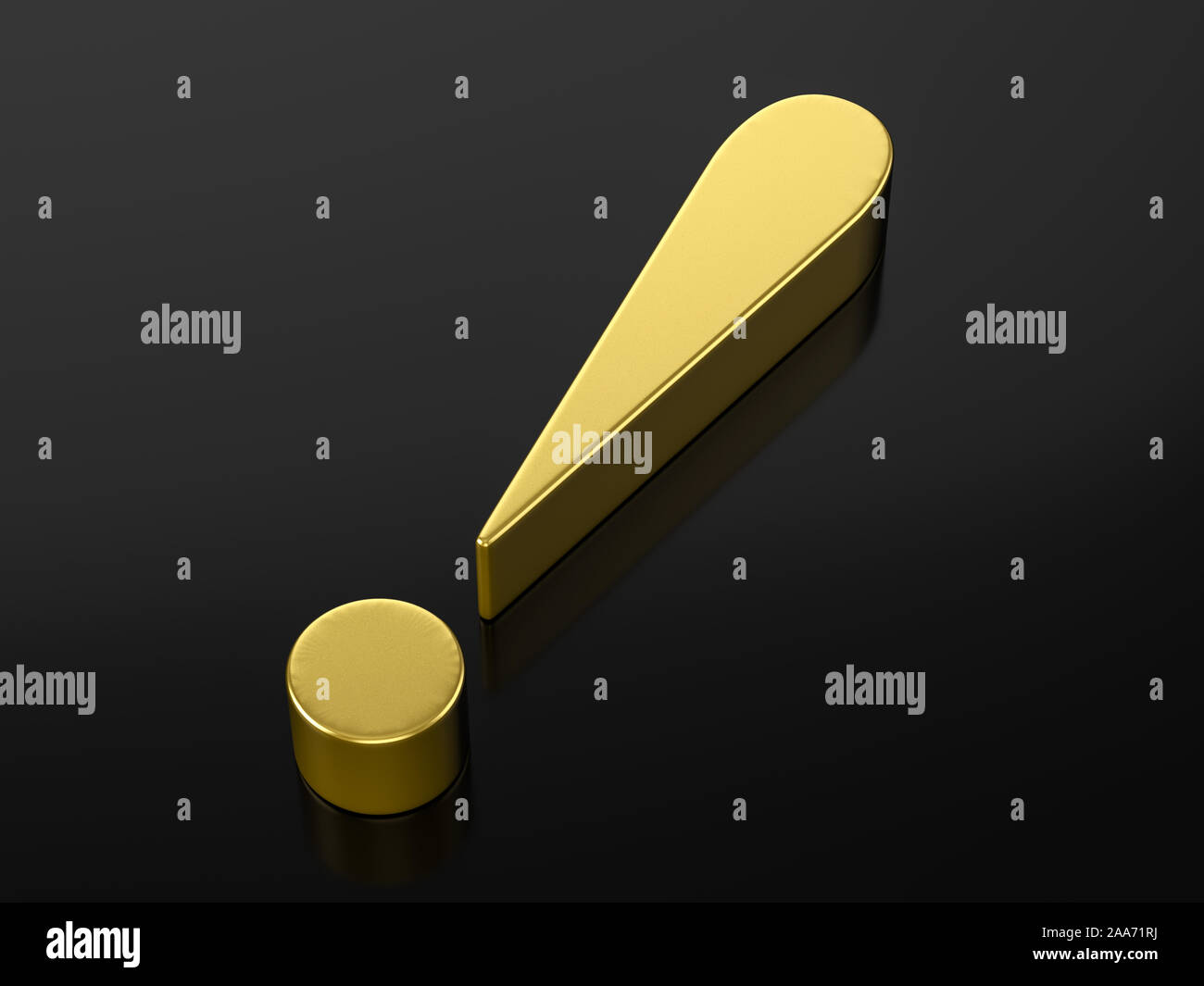Gold exclamation mark symbol on a black background. 3d illustration ...