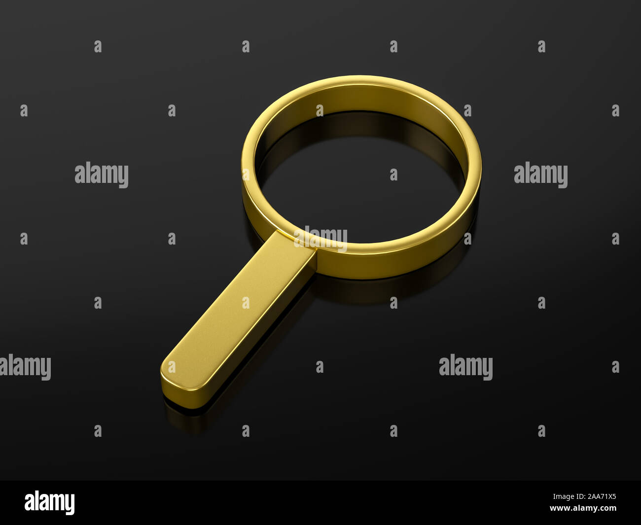 Gold magnifier symbol on a black background. 3d illustration Stock ...