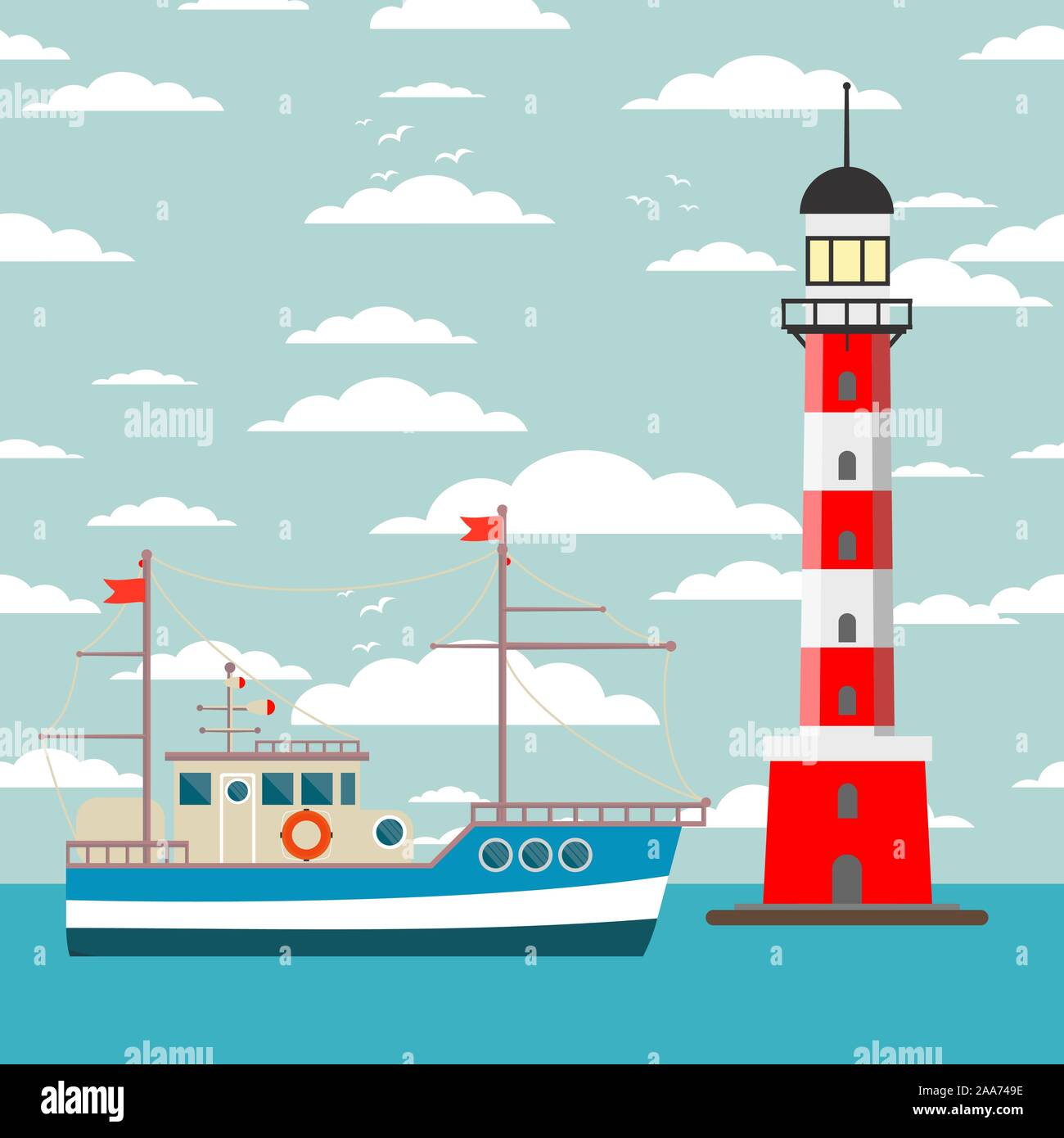 Vector cartoon flat lighthouse. Searchlight tower for maritime ...