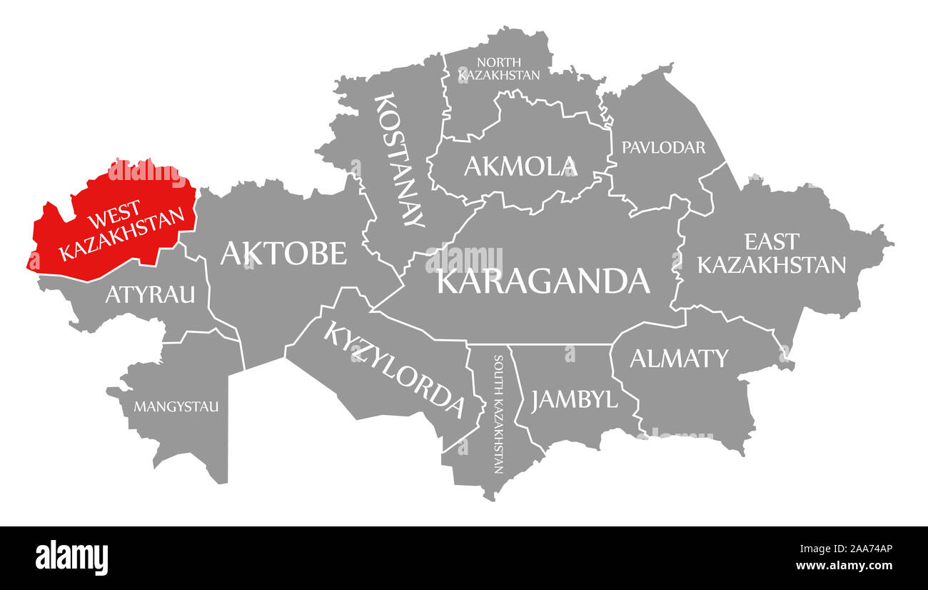 West Kazakhstan red highlighted in map of Kazakhstan Stock Photo - Alamy