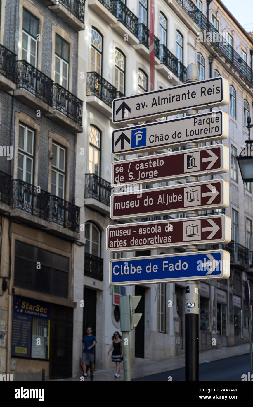 Street and attraction signposts in the historic Alfama district in ...